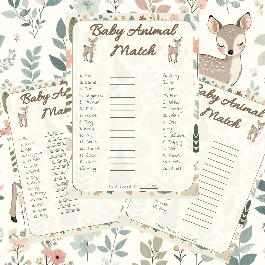 Baby Animal Match Baby Shower Game Deer Theme Katieannesplace - Etsy