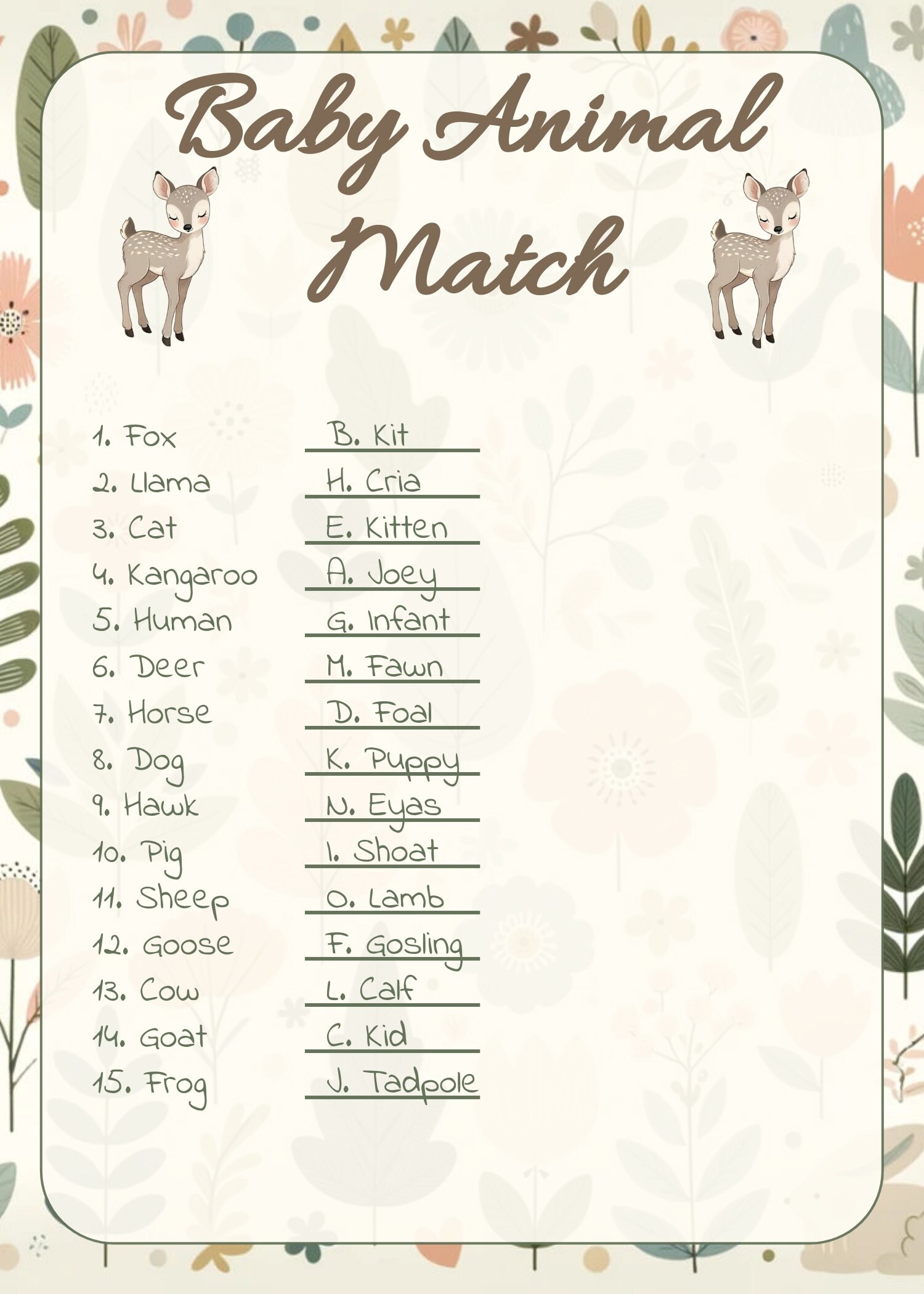 Baby Animal Match Baby Shower Game Deer Theme Katieannesplace - Etsy