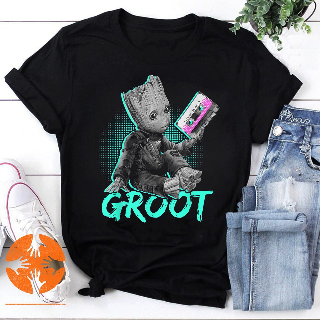 Baby Groot With Cassette for Comic Lover Vintage T-shirt, Groot Galaxy ...