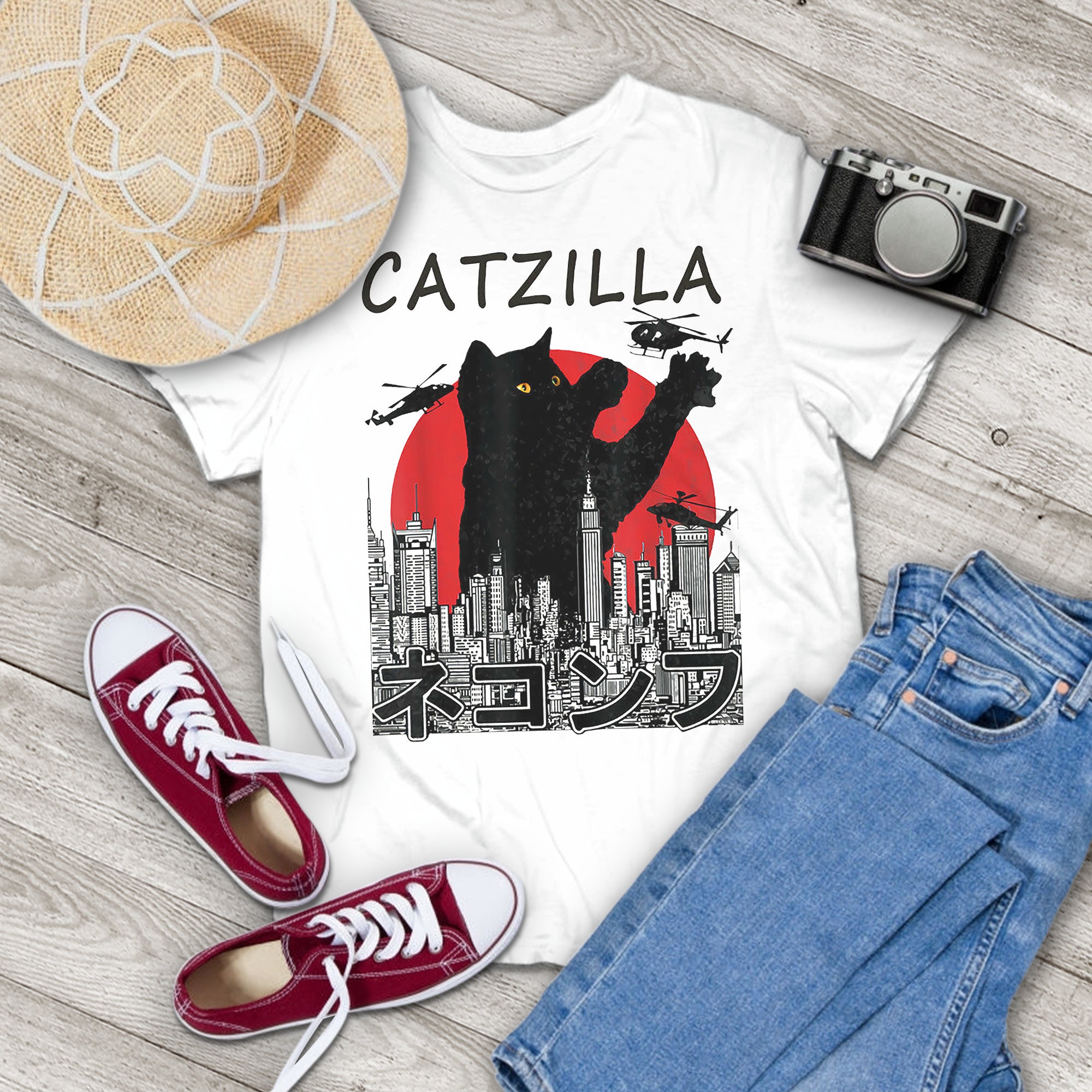 Catzilla Japanese Vintage Sunset Style Vintage T-shirt Cat - Etsy