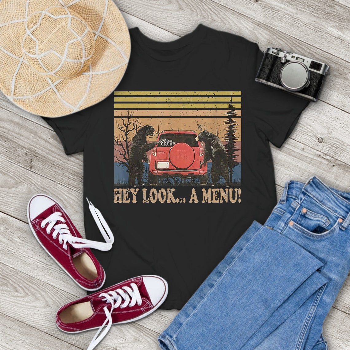 Hey, Look... A Menu_ Funny Camping Bear Vintage T-shirt, Funny Bear ...