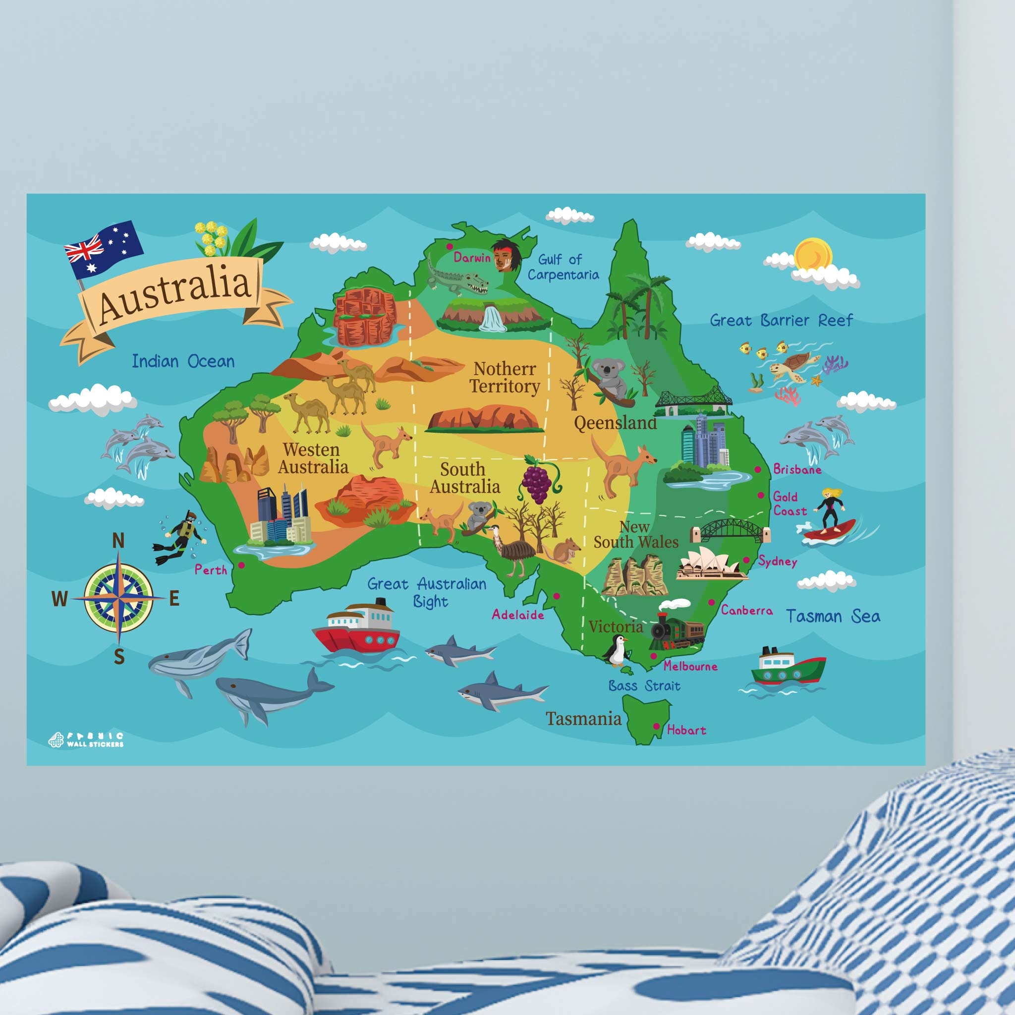 Australia Map Kids Removable Fabric Wall Stickers / Decals | Etsy