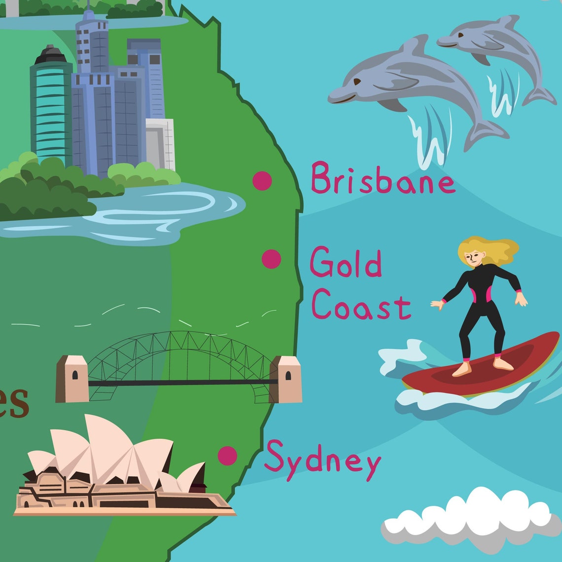 Australia Map Kids Removable Fabric Wall Stickers / Decals, Peel ...