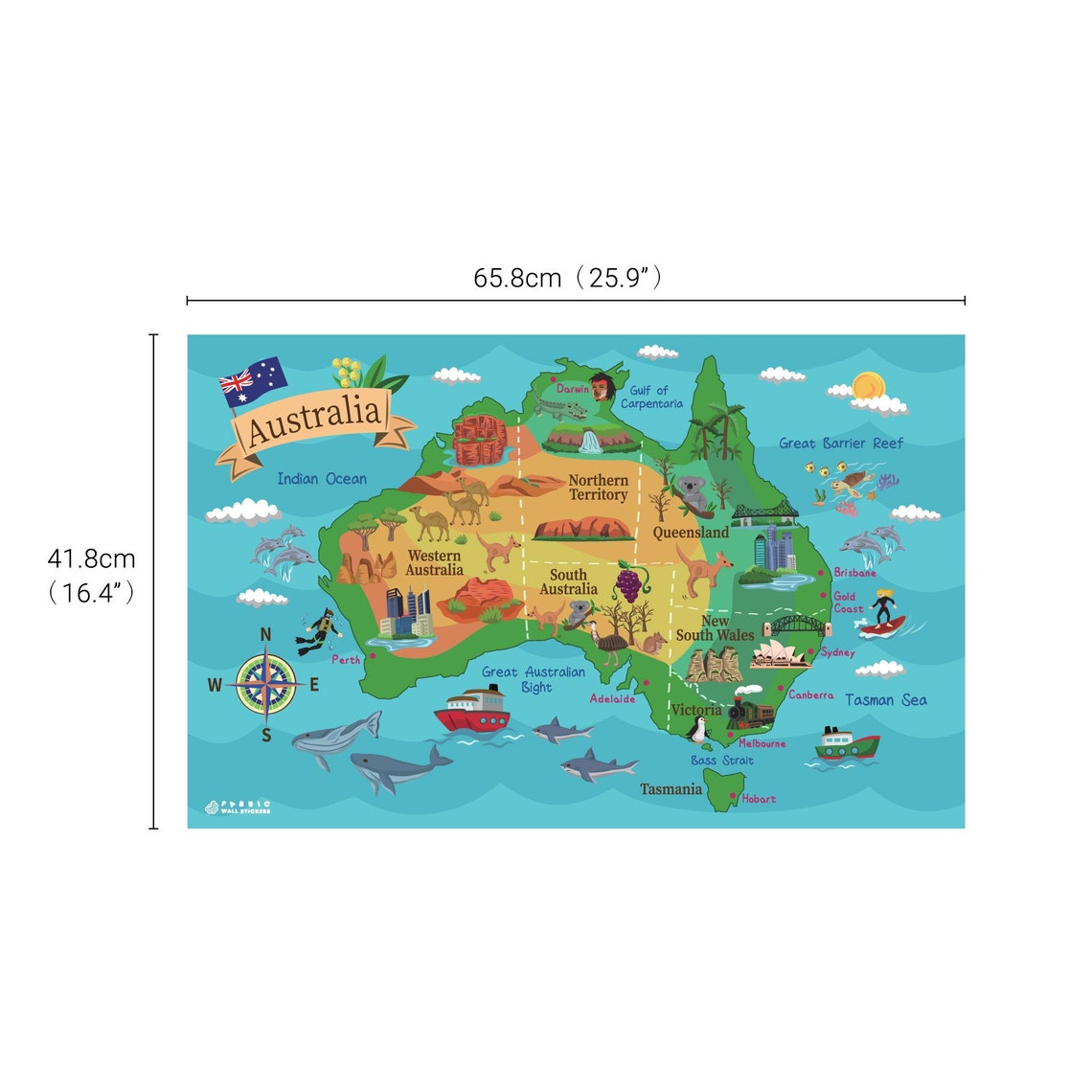 Australia Map Kids Removable Fabric Wall Stickers / Decals, Peel ...