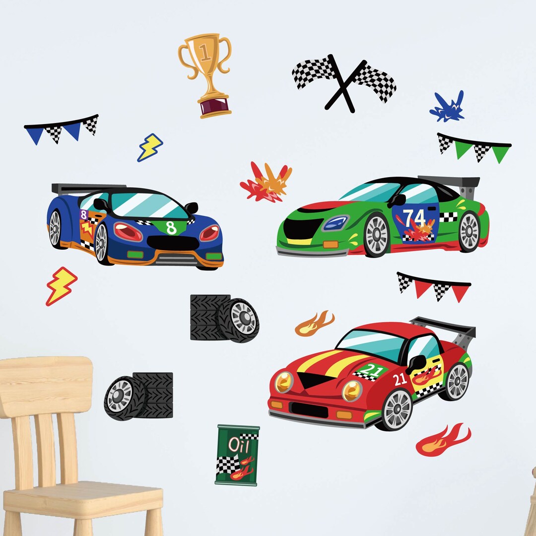 Racing Cars Removable Fabric Wall Stickers / Decals With Trophy, Flash ...
