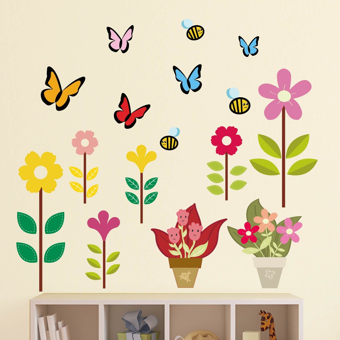 Colourful Flowers Removable Fabric Wall Stickers / Decals With Pots ...