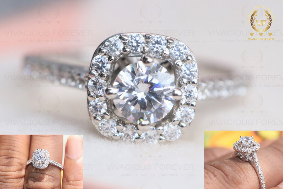 Colorless Round Halo Engagement Ring/ Moissanite Engagement Ring/ 1 ...