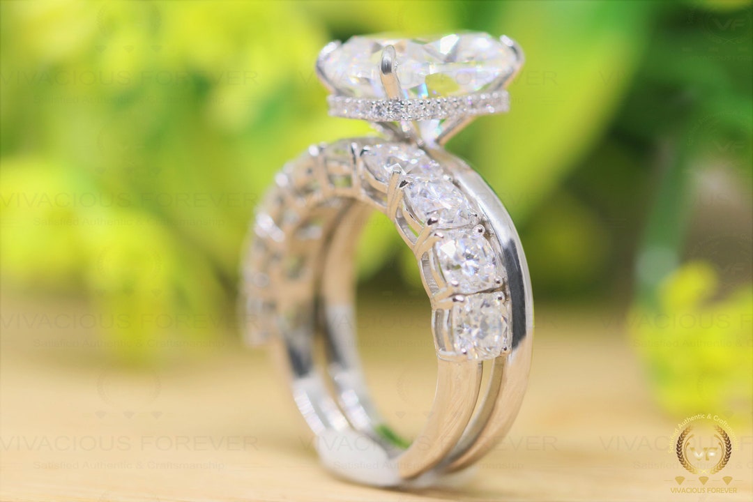 7.85CT Elongated Cushion Colorless Moissanite Engagement Ring Set ...