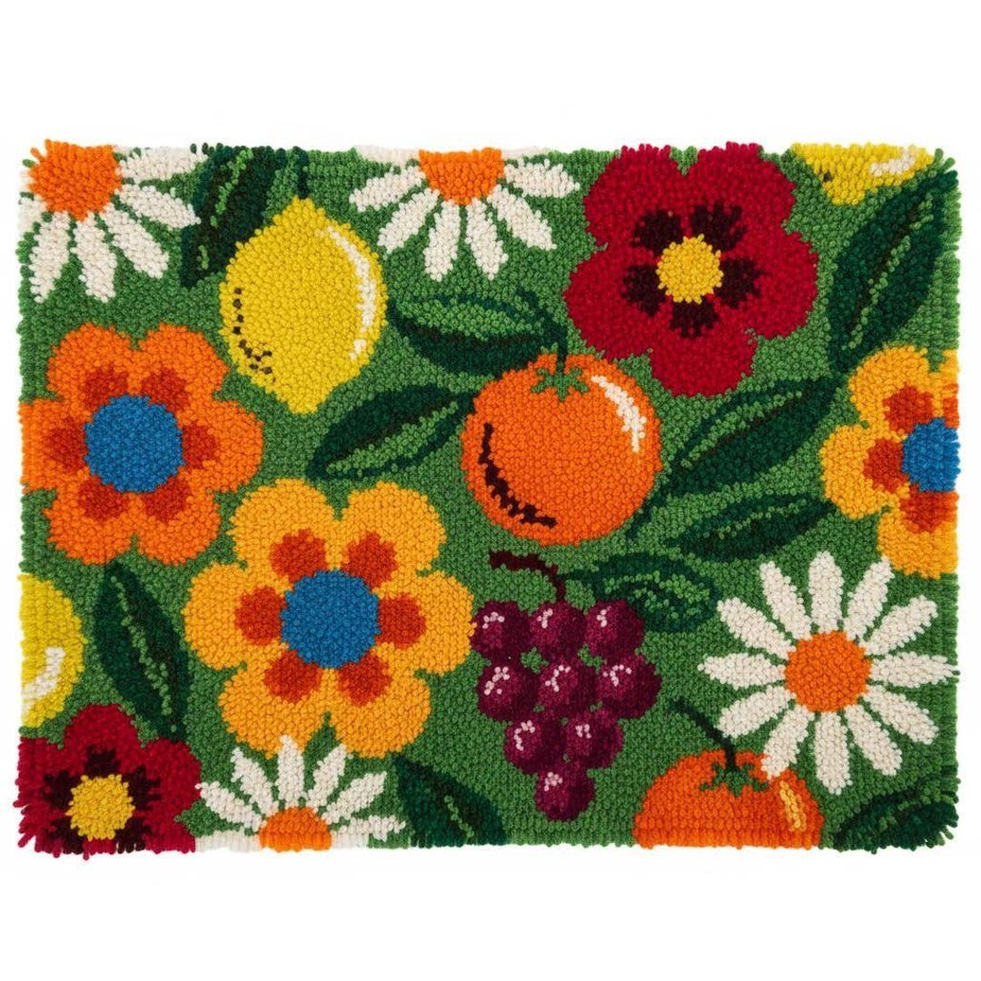 Retro Fruit & Flowers Latch Hook Kits DIY Rug Making Kit Pre-printed ...