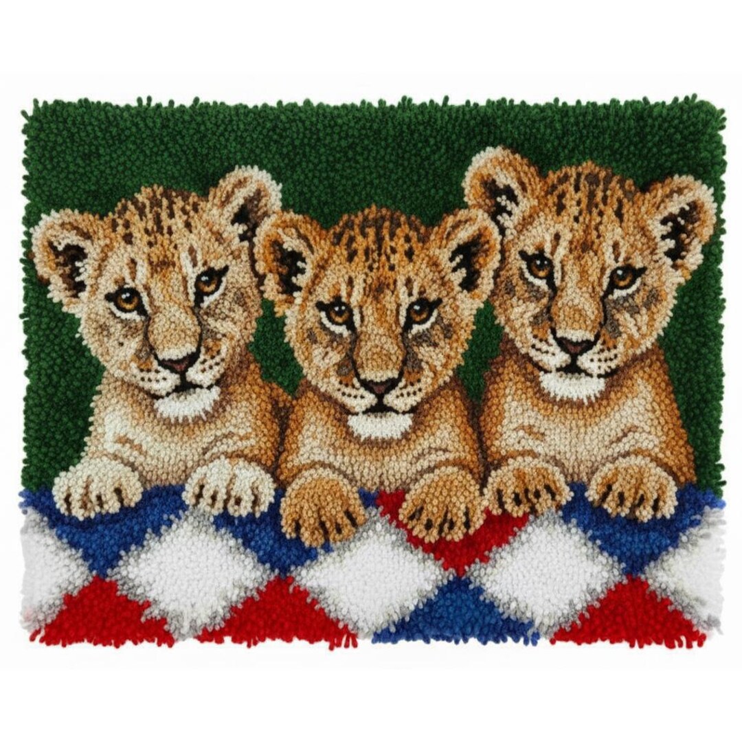 Three Lion Cubs Latch Hook Kits DIY Rug Making Kit Pre-printed Canvas ...