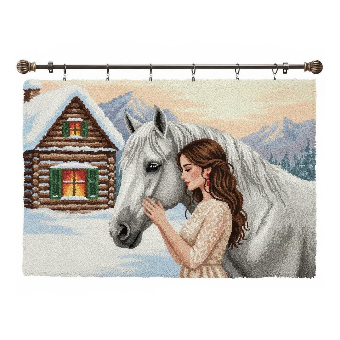 White Horse Portrait Latch Hook Kits DIY Rug Making Kit Pre-printed ...