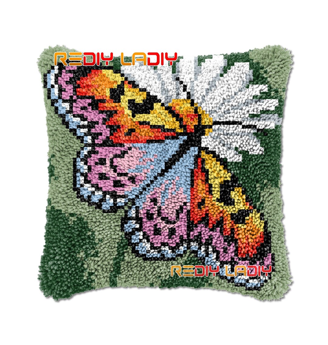 Butterfly Latch Hook Cushion Kit: Chunky Acrylic Yarn DIY (18.5" X 18.5 ...