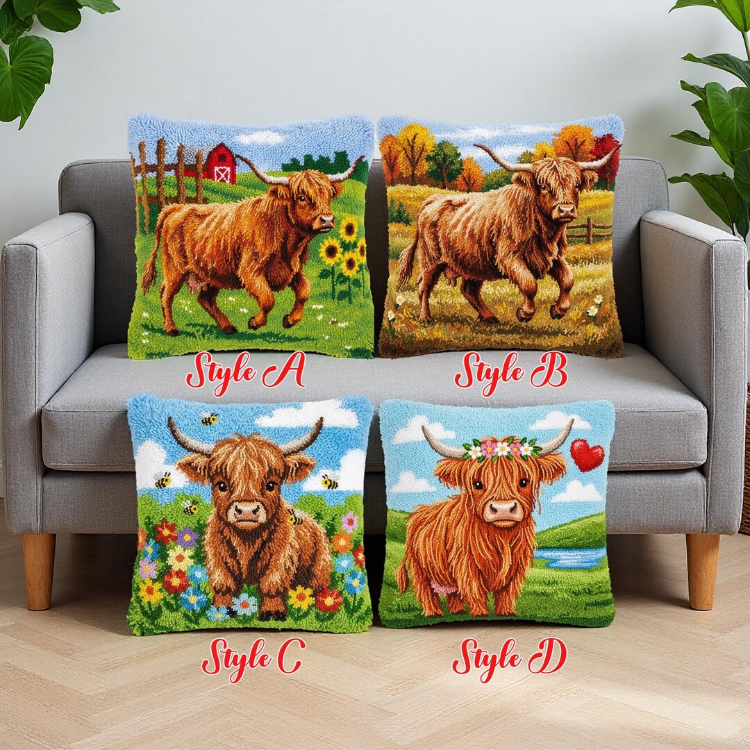 Red Barn Farm Highland Cow Latch Hook Kit Running Animal Pillow Cover ...