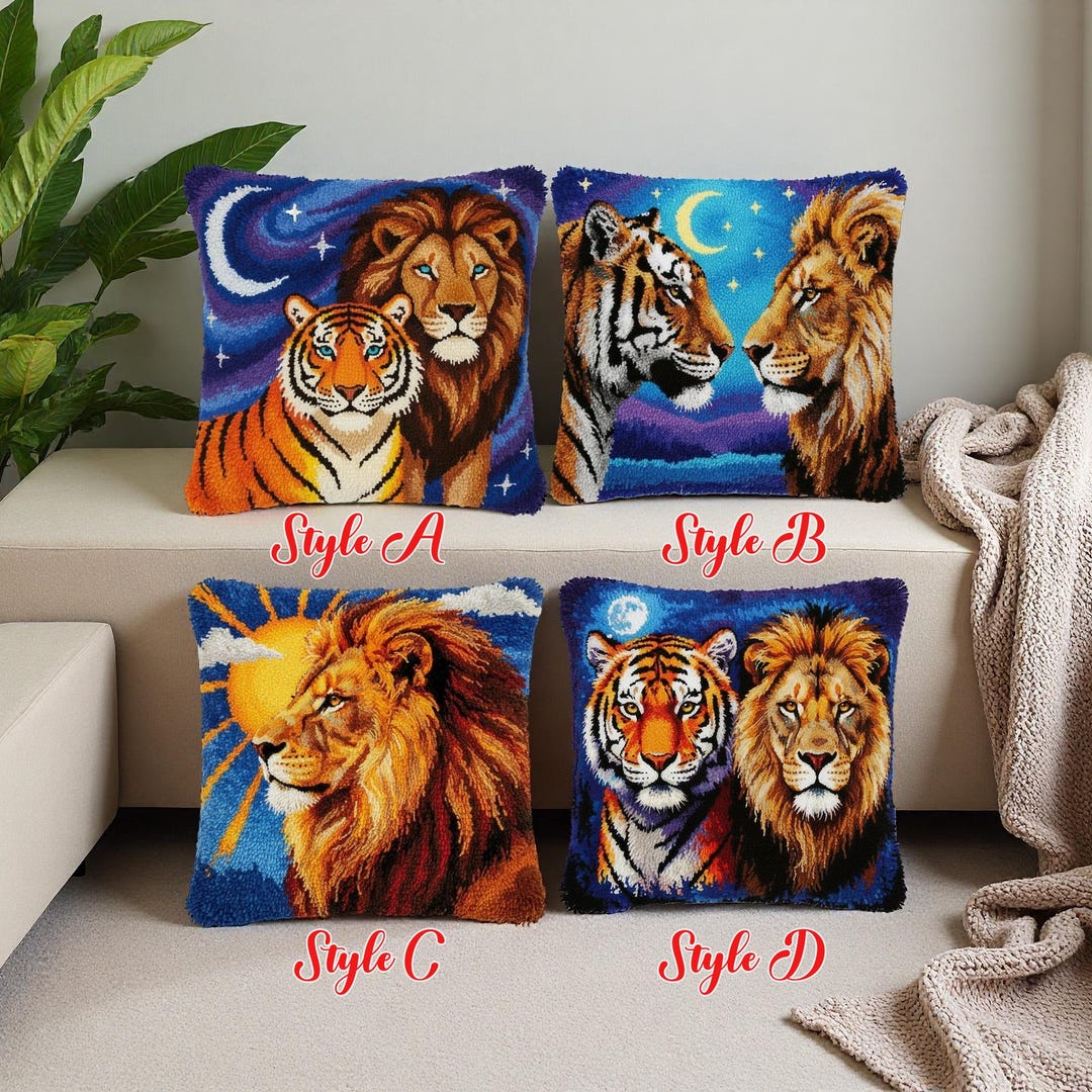 Lion and Tiger Latch Hook Kit Big Cat Pattern Pillow Cover Wildlife - Etsy