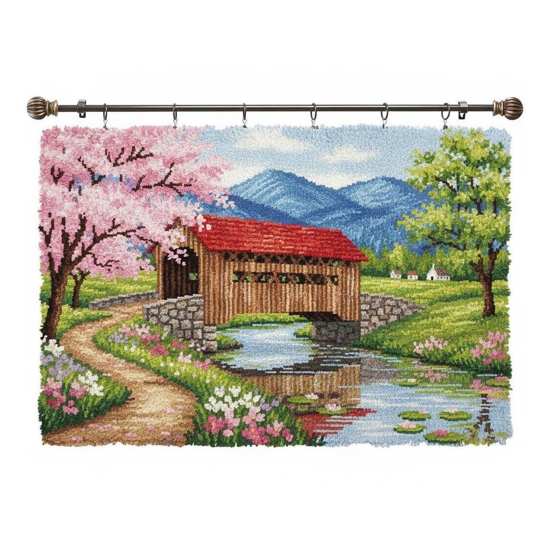 Cherry Blossom Bridge Latch Hook Kits DIY Rug Making Kit Pre-printed ...
