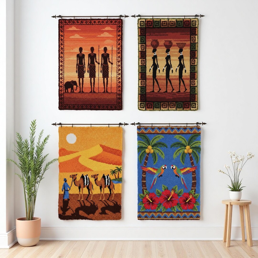 African Art Latch Hook Kit Adult Silhouette Sunset Rug Making Craft - Etsy