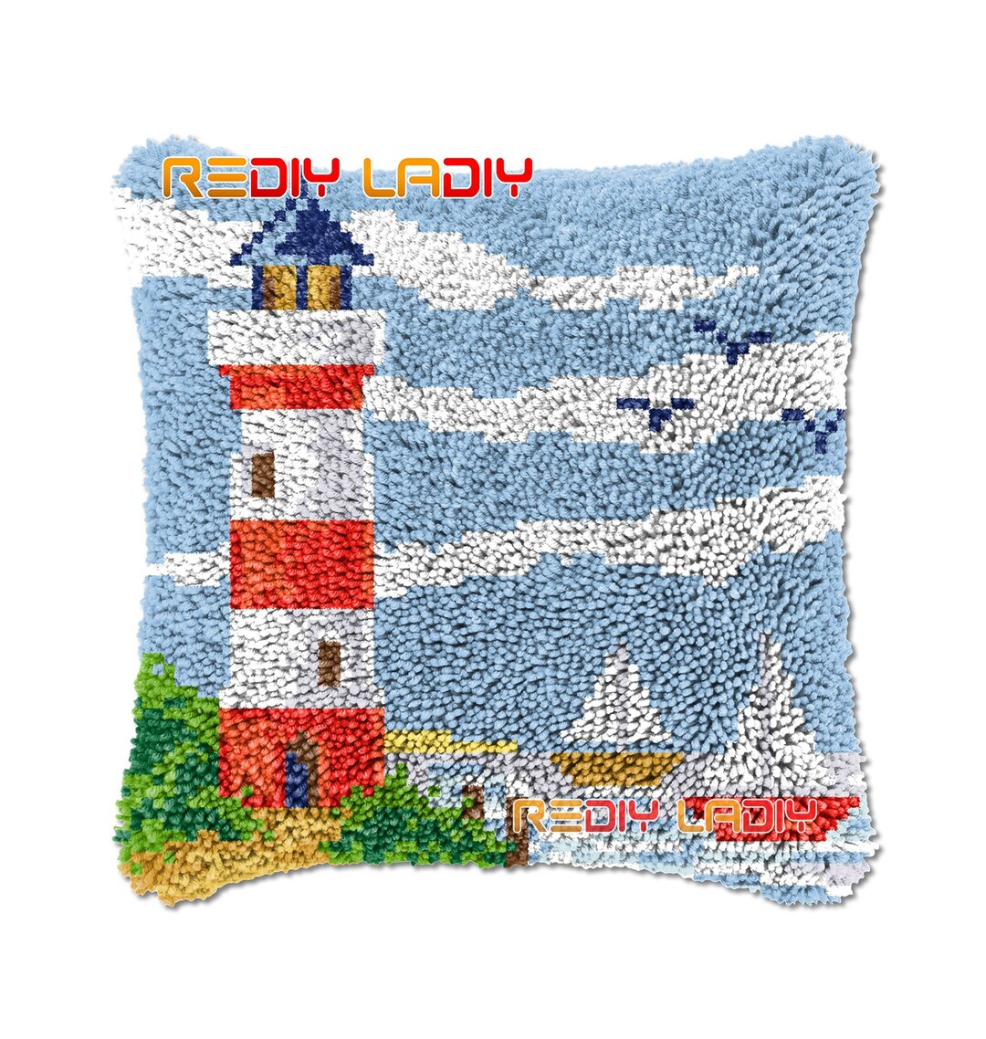 Latch Hook Cushion Red Lighthouse DIY Needlepoint Kits Chunky Acrylic ...