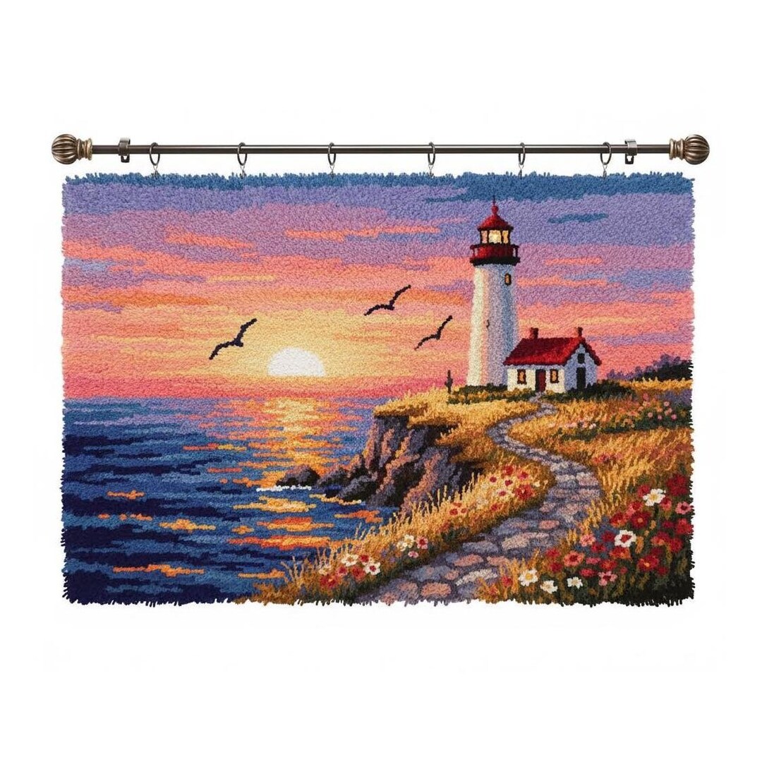 Lighthouse Sunset Latch Hook Kits DIY Rug Making Kit Pre-printed Canvas ...