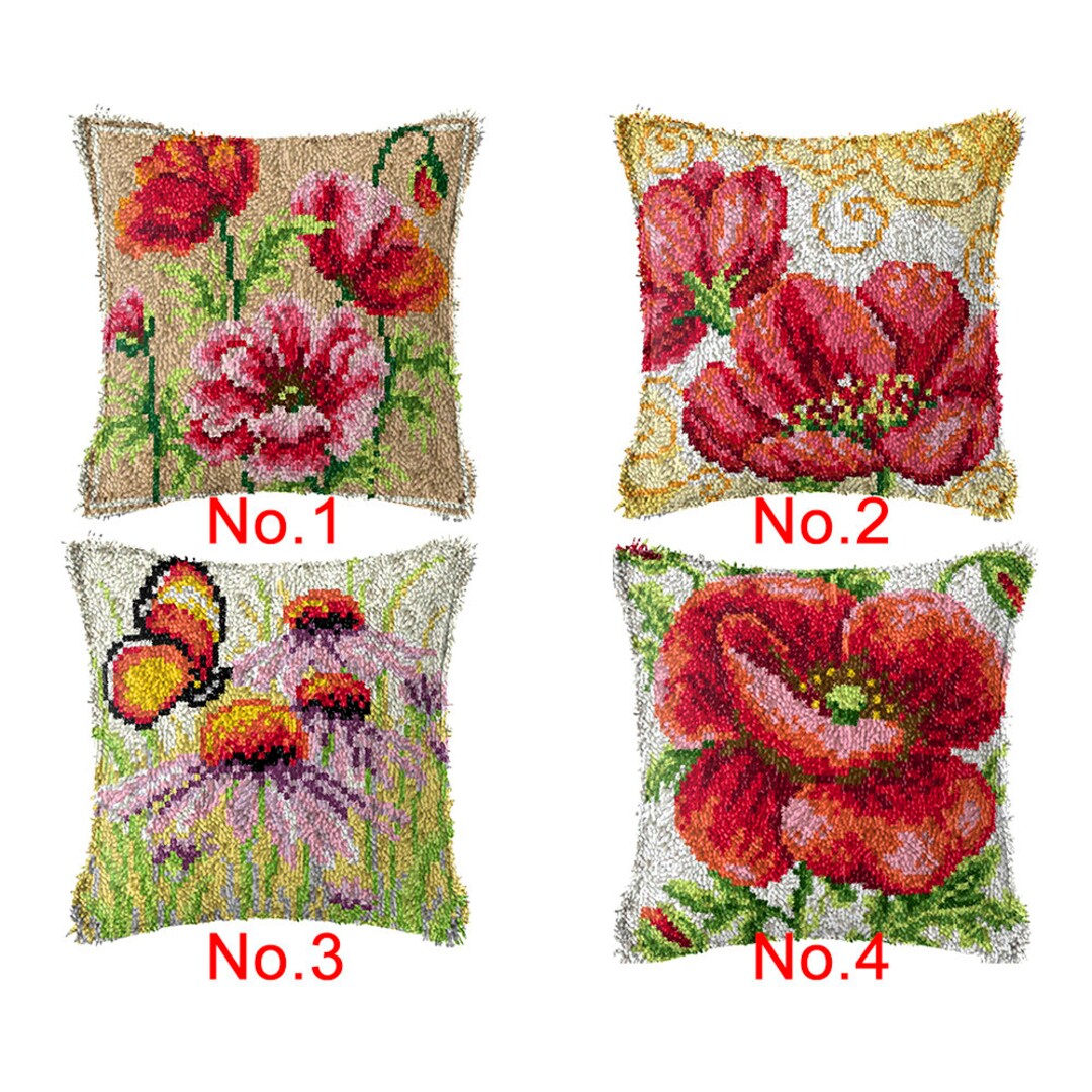 43x43cm Latch Hook Cushion Red Poppies Pre-printed Color Canvas Acrylic ...
