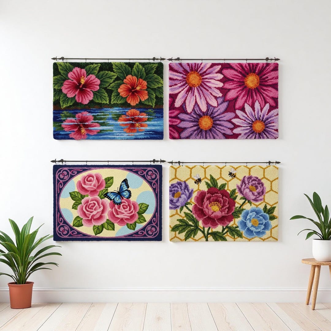Hibiscus Latch Hook Kit Adult Water Reflection Rug Making Craft - Etsy