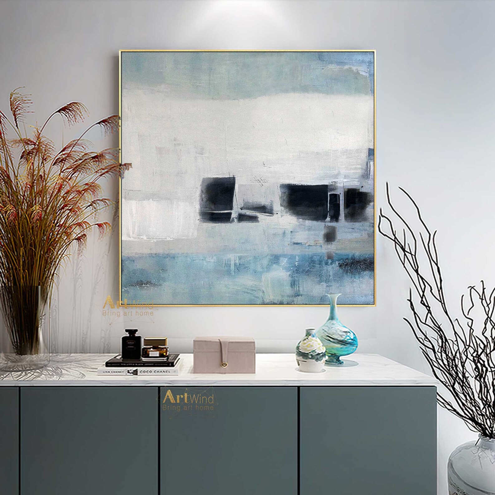 Light Blue Abstract Painting Black Modern Original Artwork - Etsy