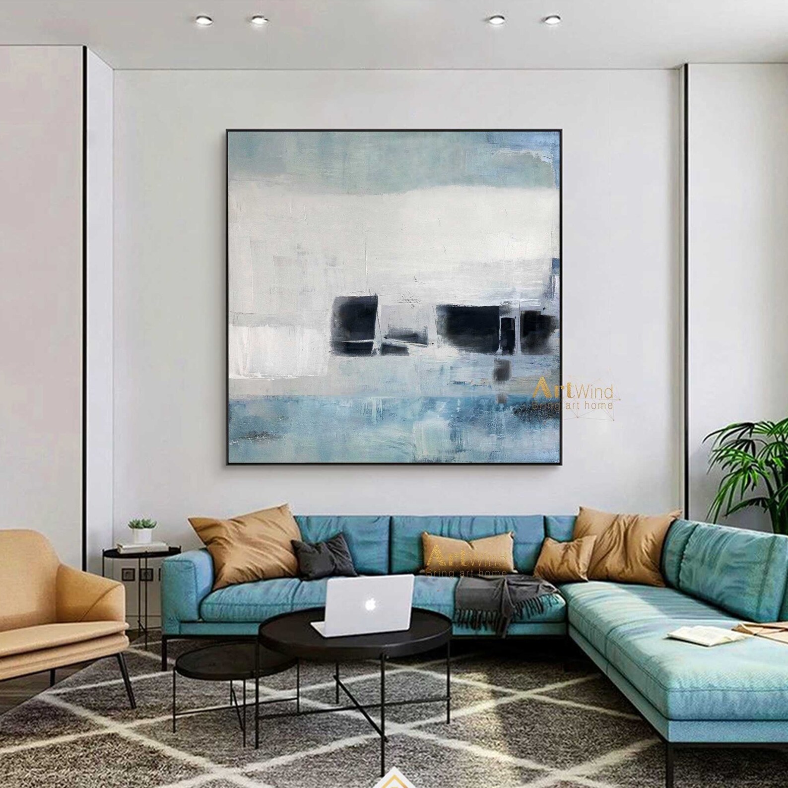 Light Blue Abstract Painting Black Modern Original Artwork - Etsy