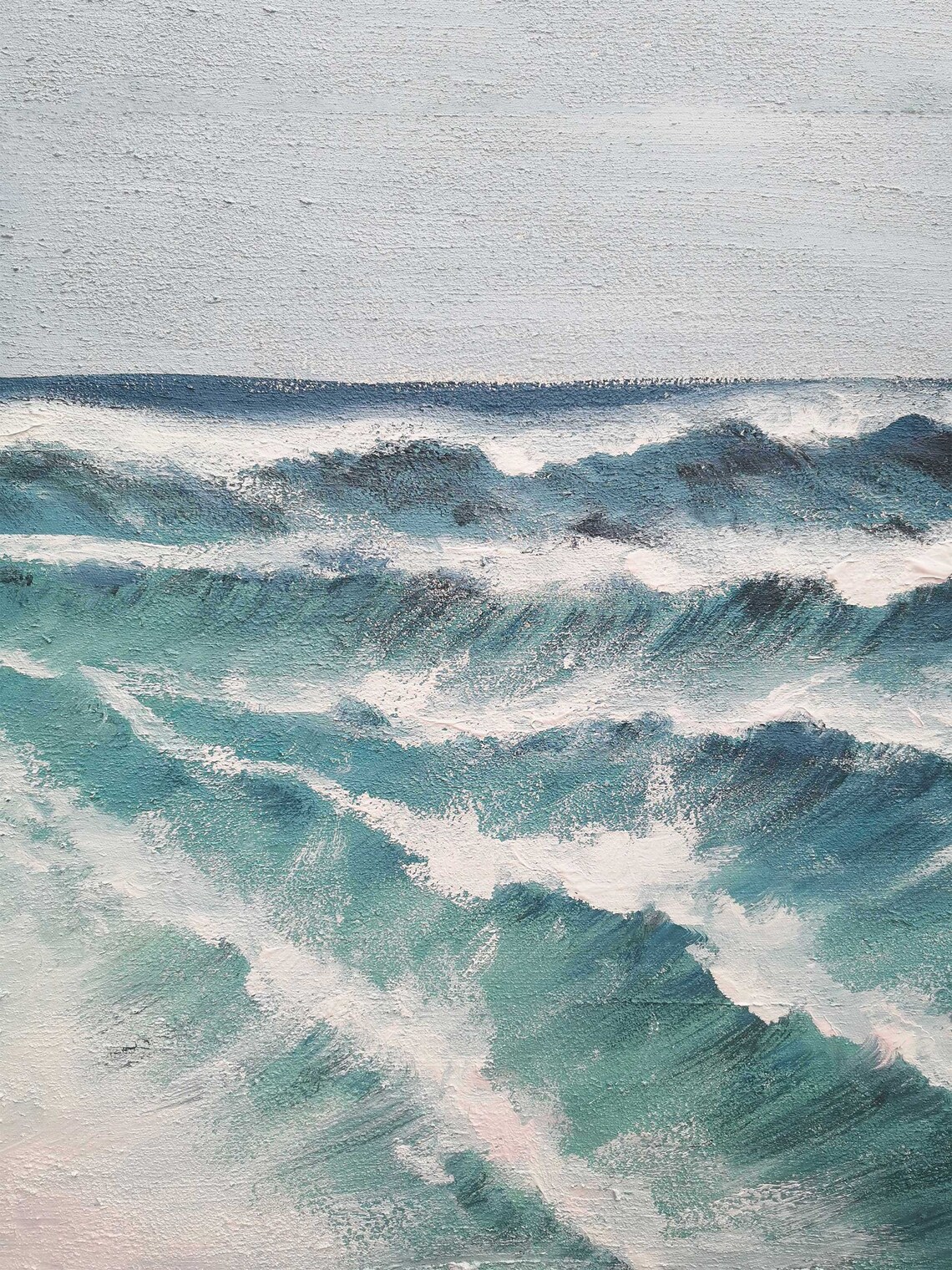 Big Contemporary Art Teal Nature Painting White Waves Canvas | Etsy