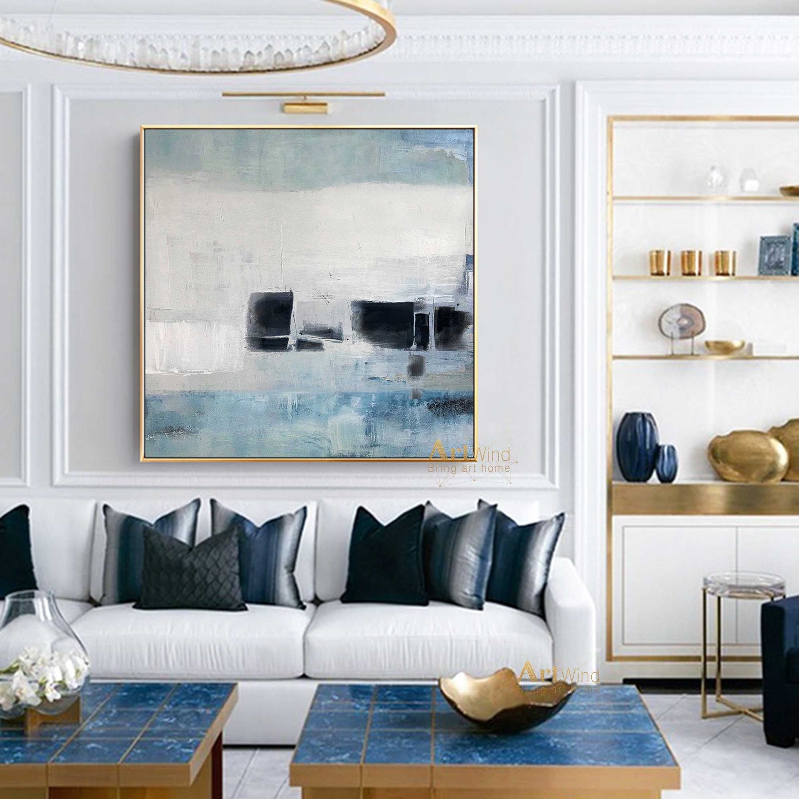 Light Blue Abstract Painting Black Modern Original Artwork - Etsy