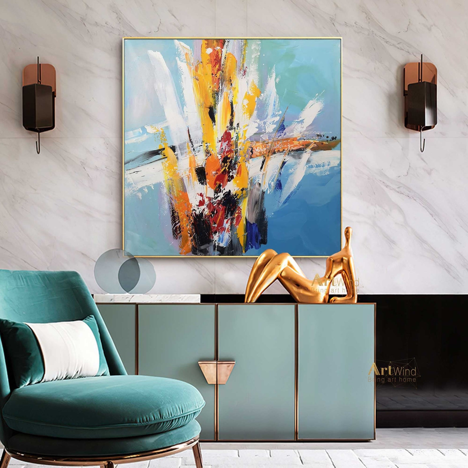 Light Cyan Abstract Painting Navy Blue Canvas Art Teal Modern | Etsy