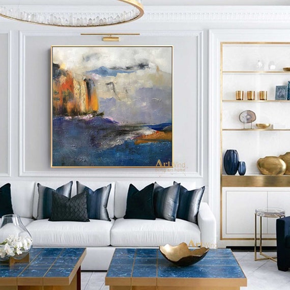 Navy Blue Painting Nature Canvas Art Seaside Painting Ocean | Etsy