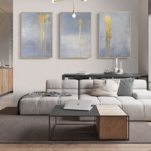 Set of 3 Gold Painting Neutral Wall Art Blue Abstract Painting Gold ...