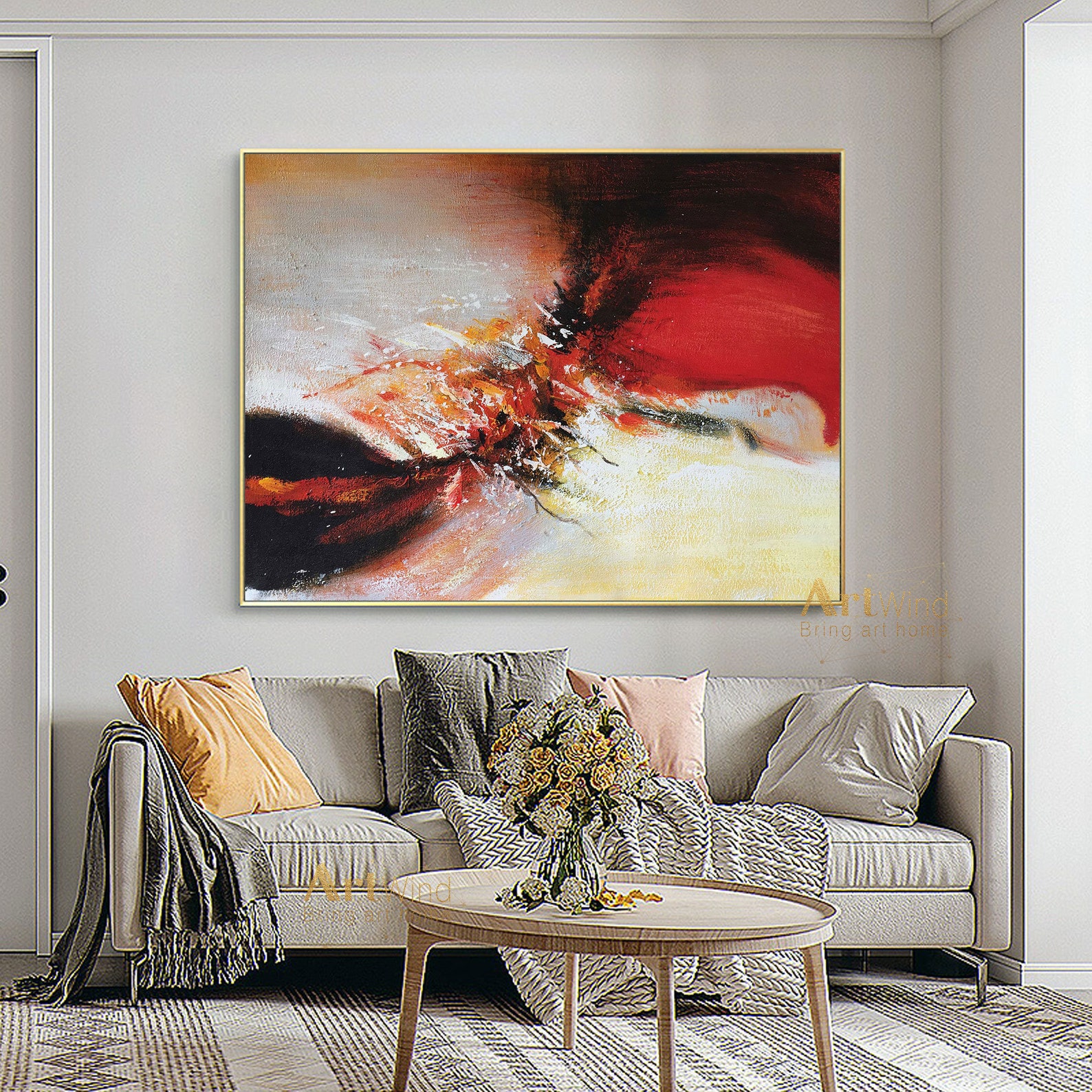 Red Abstract Canvas Art Yellow Minimalist Painting Modern - Etsy