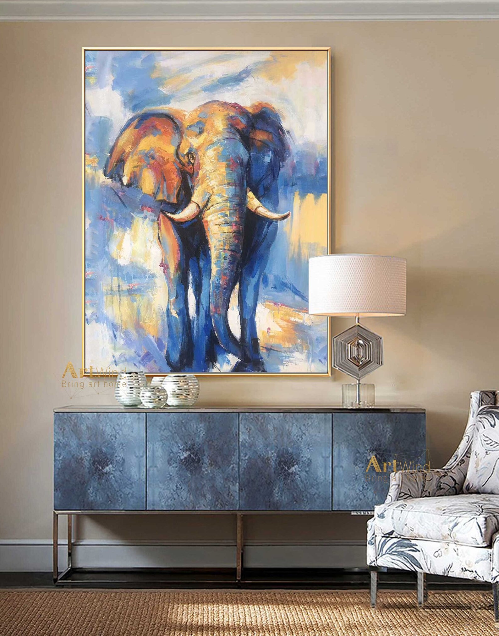 Large Blue Elephant Paintings on Canvas Animal Original - Etsy