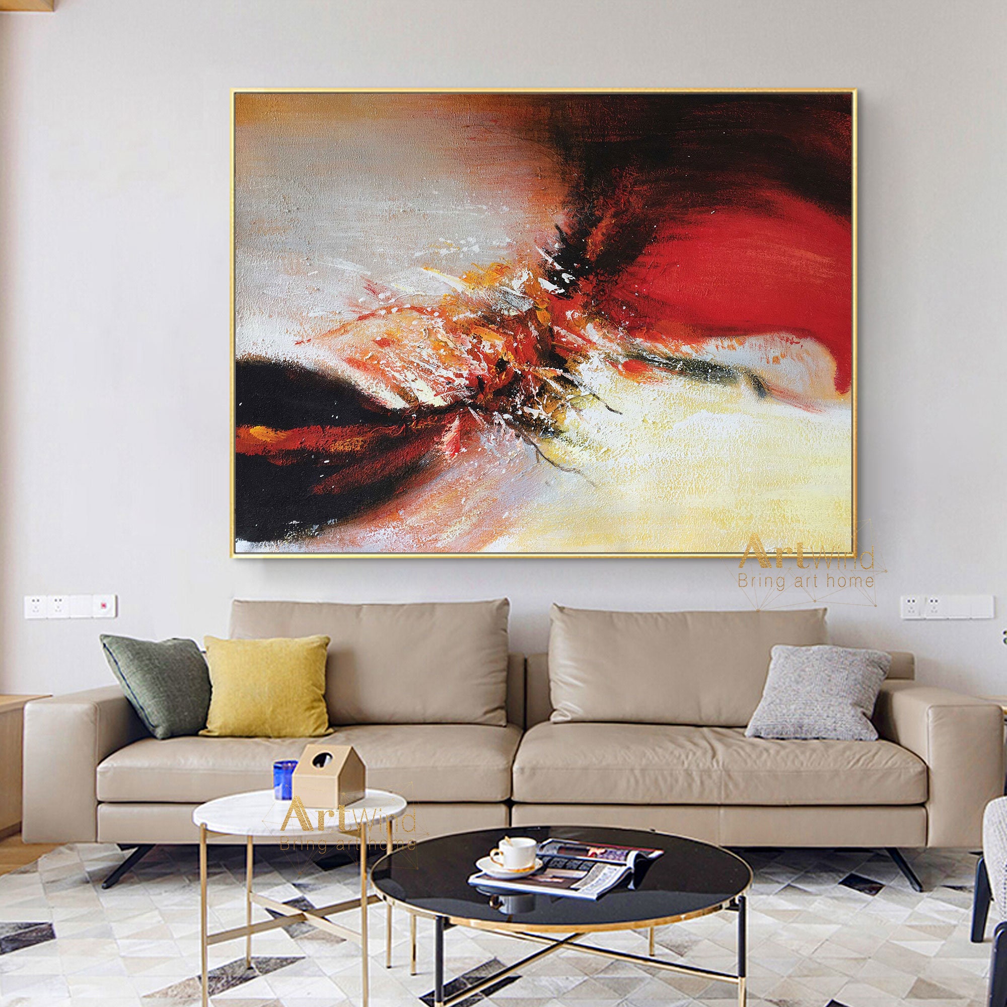 Red Abstract Canvas Art Yellow Minimalist Painting Modern | Etsy