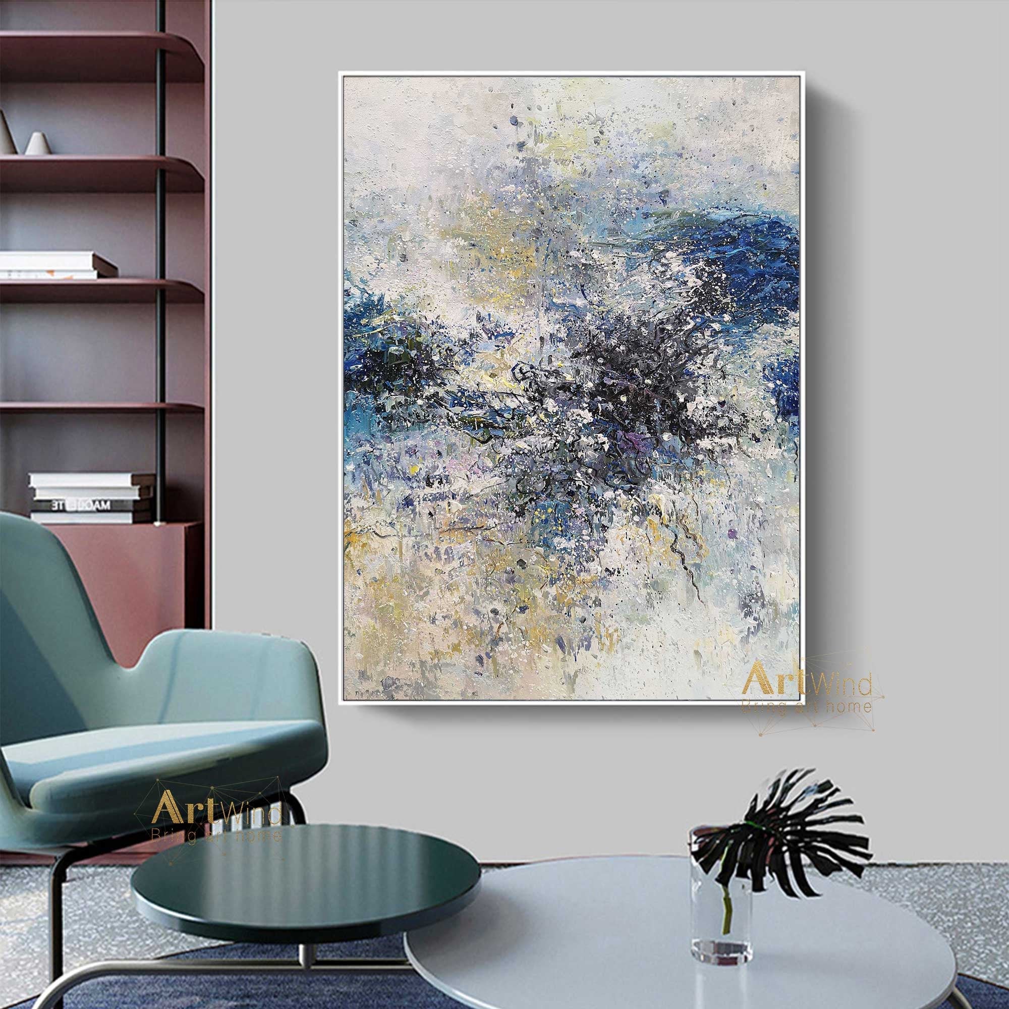 Large Contemporary Art Navy Blue Abstract Painting White And | Etsy