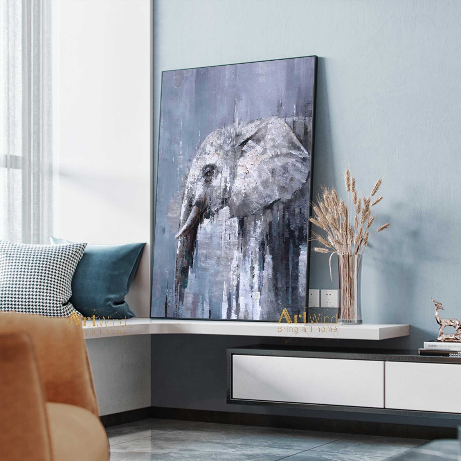 Blue Gray Elephant Painting Grey Original Animal Painting | Etsy