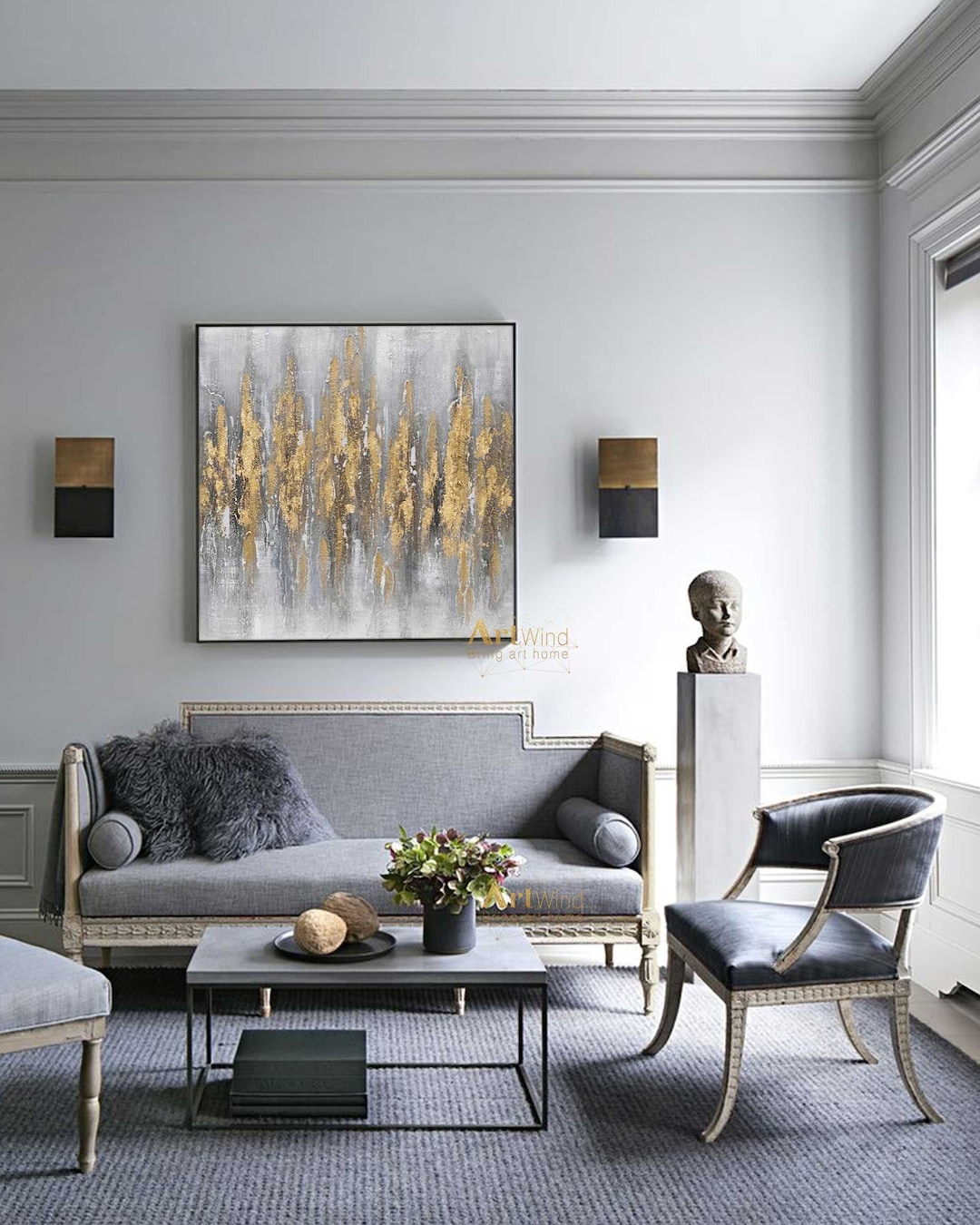Large Gray Abstract Painting on Canvas Gold Leaf Modern Home Decor Grey ...