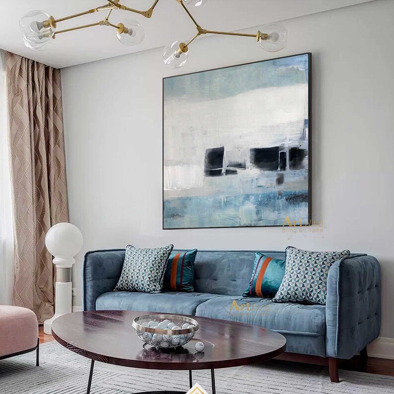 Light Blue Abstract Painting Black Modern Original Artwork - Etsy