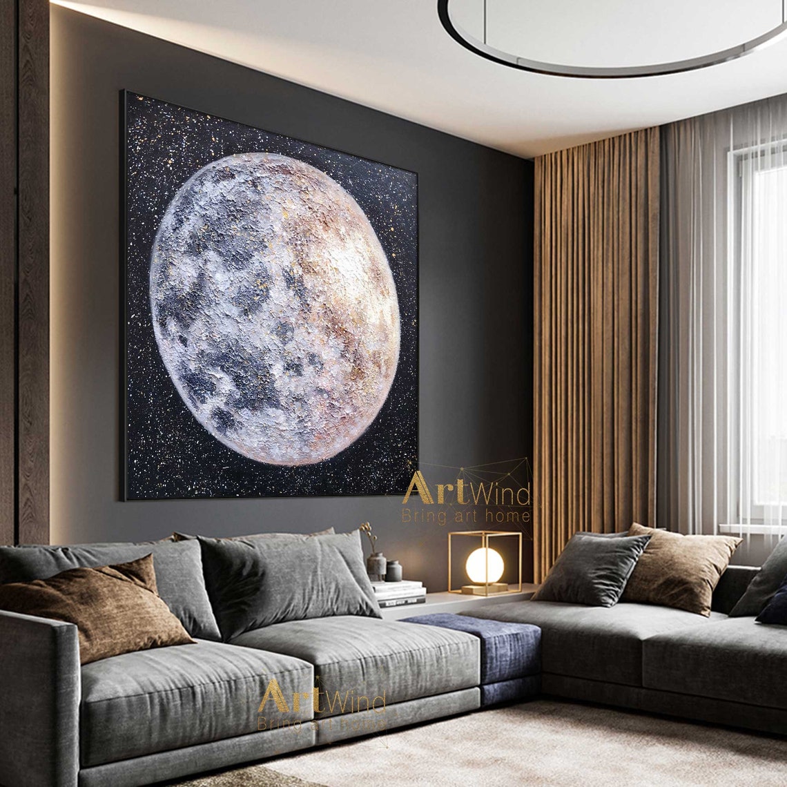 Large Moon Painting Black Canvas Art Landscape Painting Grey - Etsy