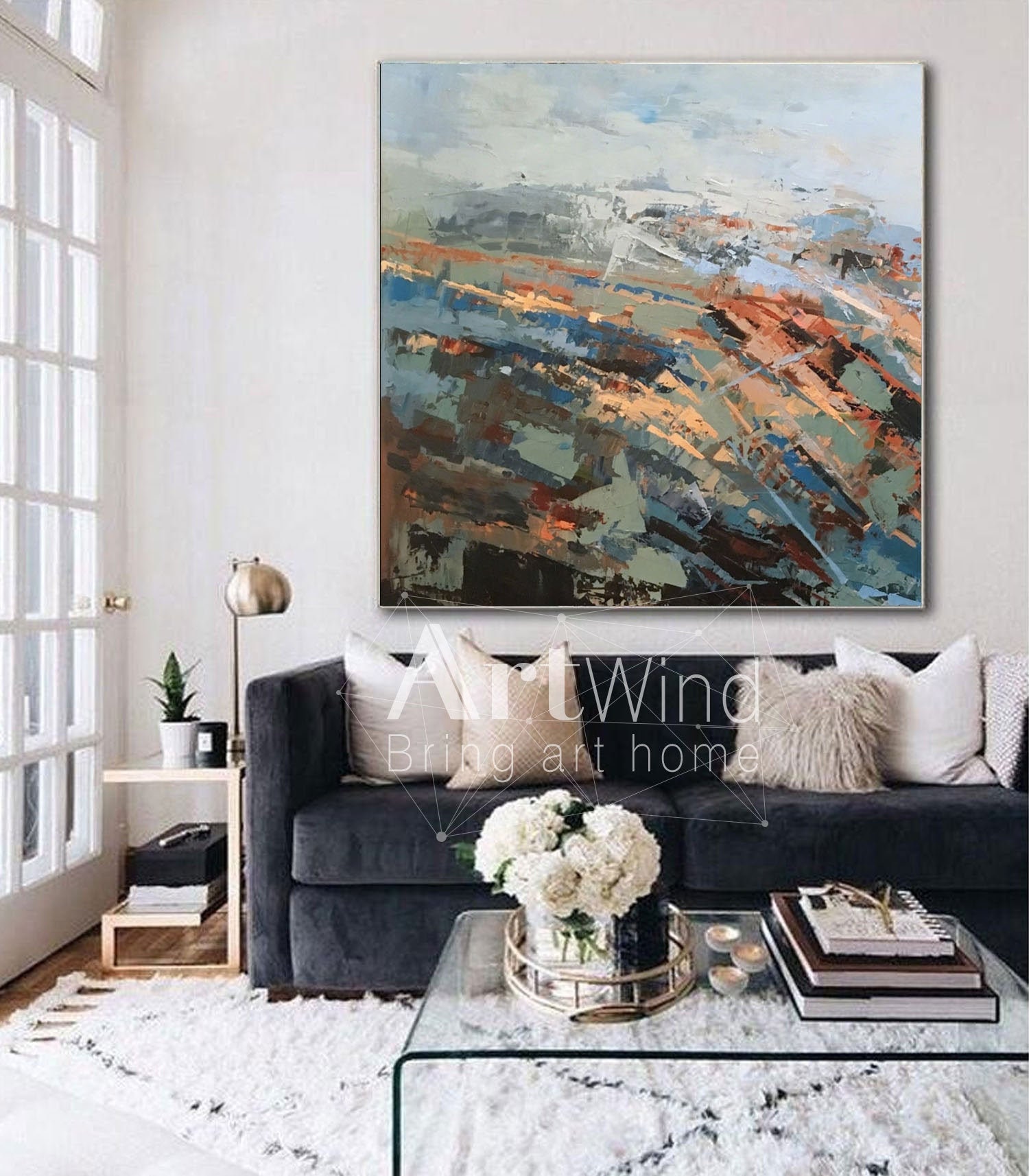 Large abstract canvas art blue painting modern wall art home | Etsy