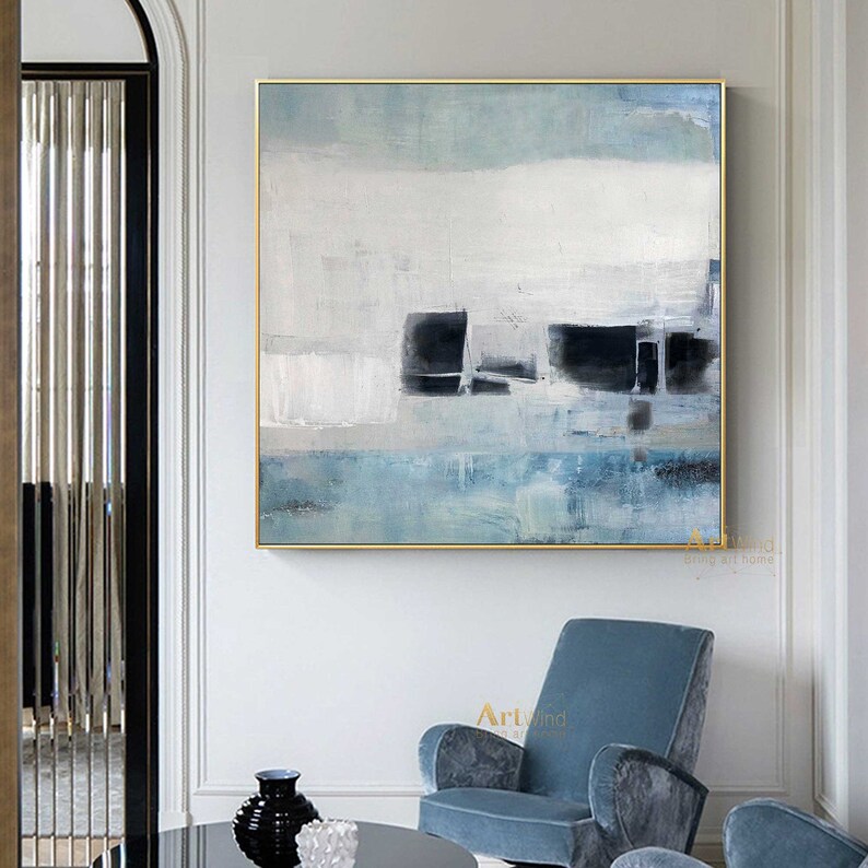 Light Blue Abstract Painting Black Modern Original Artwork - Etsy