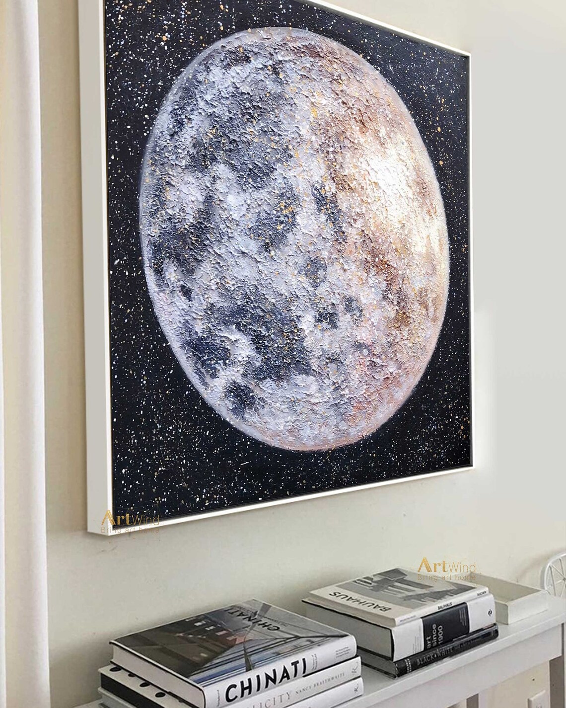 Large Moon Painting Black Canvas Art Landscape Painting Grey - Etsy