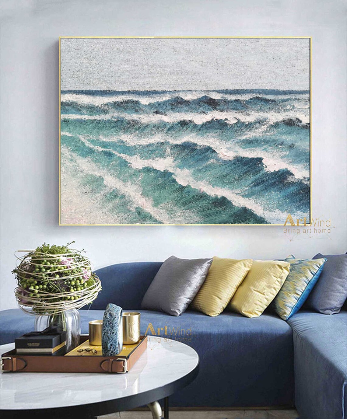 Big Contemporary Art Teal Nature Painting White Waves Canvas | Etsy