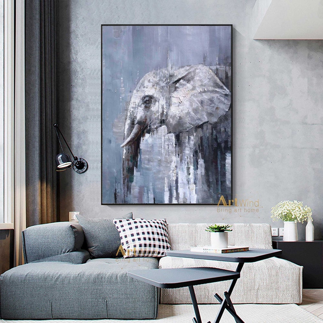 Blue Gray Elephant Painting Grey Original Animal Painting Heavy ...