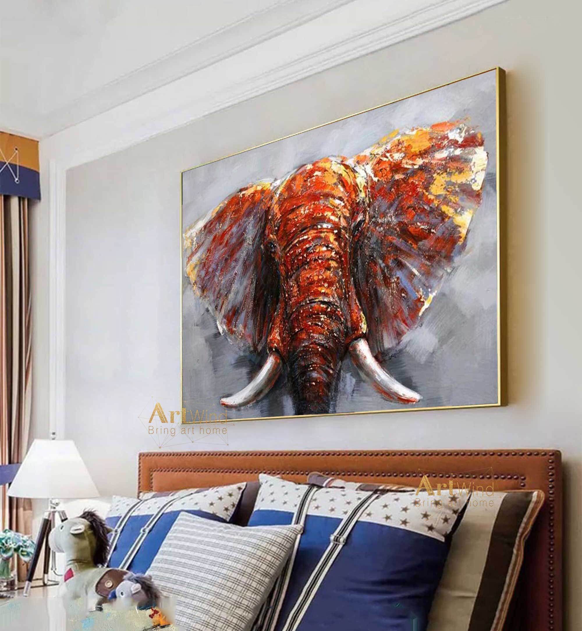Large Red Elephant Painting Grey Original Artwork Orange And | Etsy