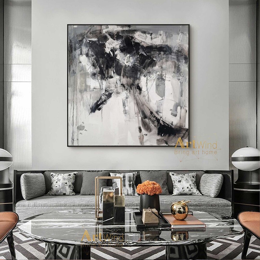 Big Grey Painting Black Abstract Canvas Art White Modern Gray Abstract ...