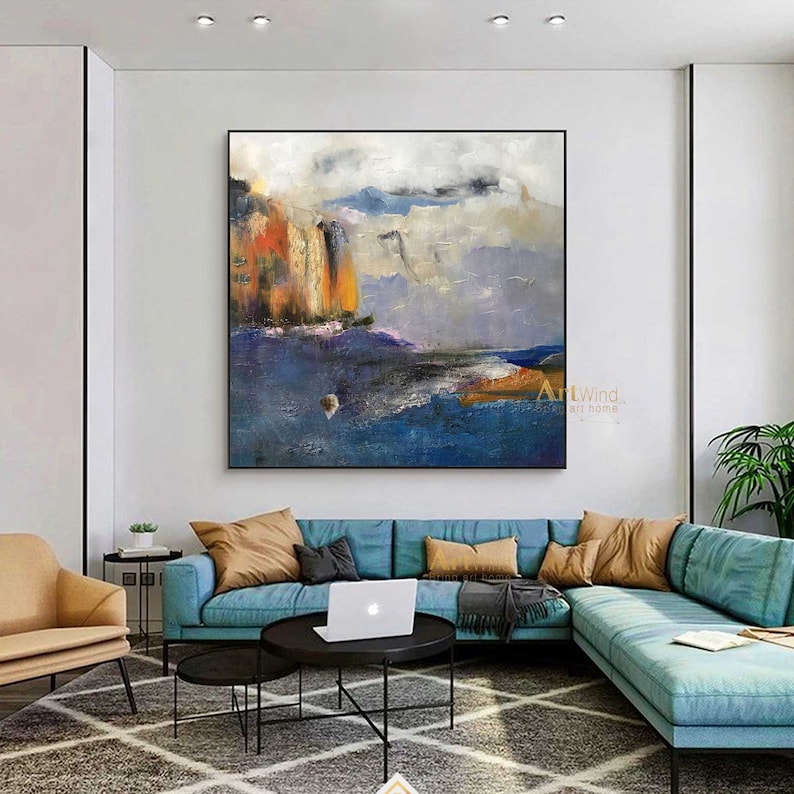 Navy Blue Painting Nature Canvas Art Seaside Painting Ocean | Etsy