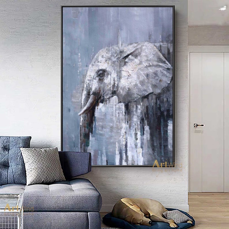 Blue Gray Elephant Painting Grey Original Animal Painting | Etsy