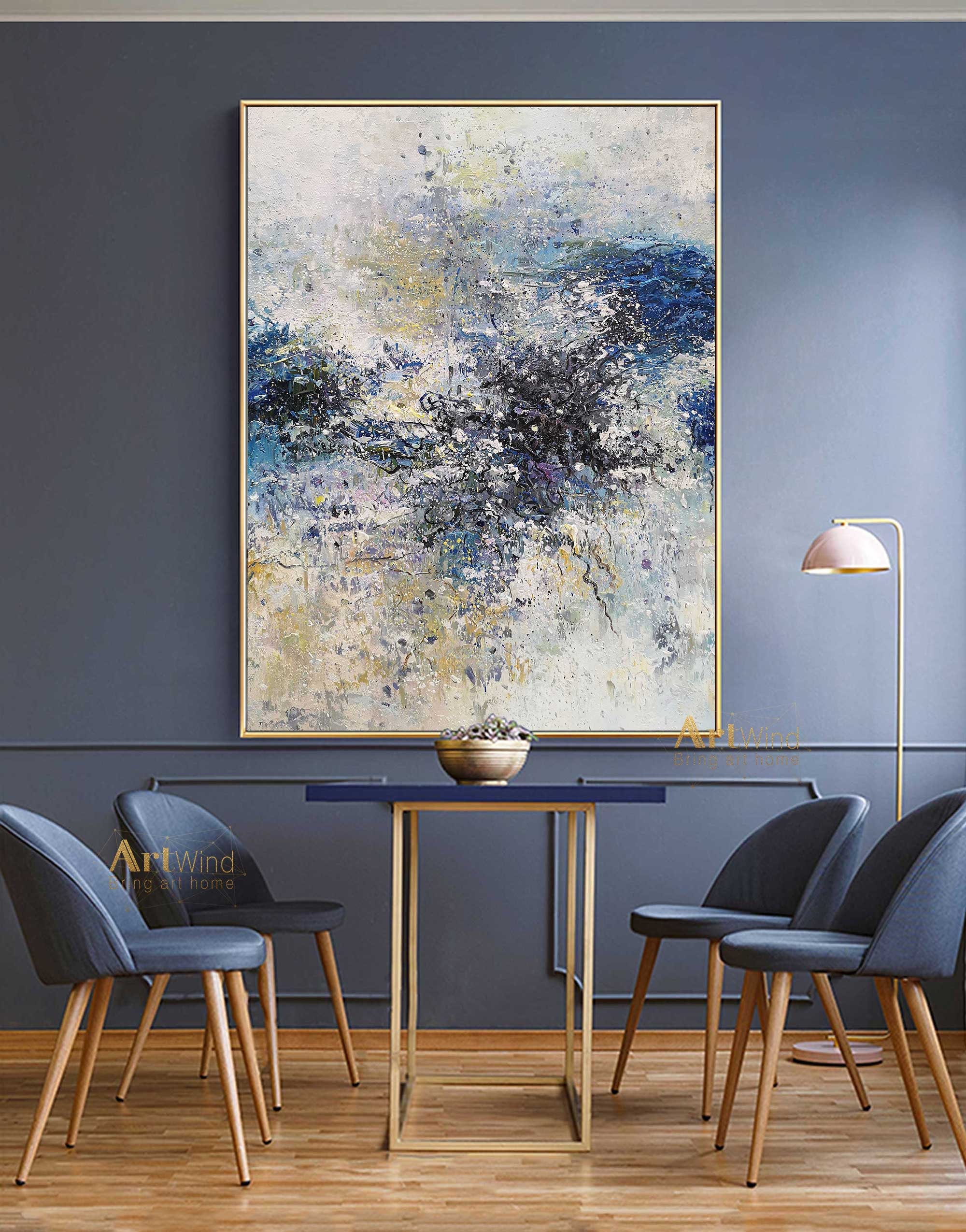 Large Contemporary Art Navy Blue Abstract Painting White And | Etsy