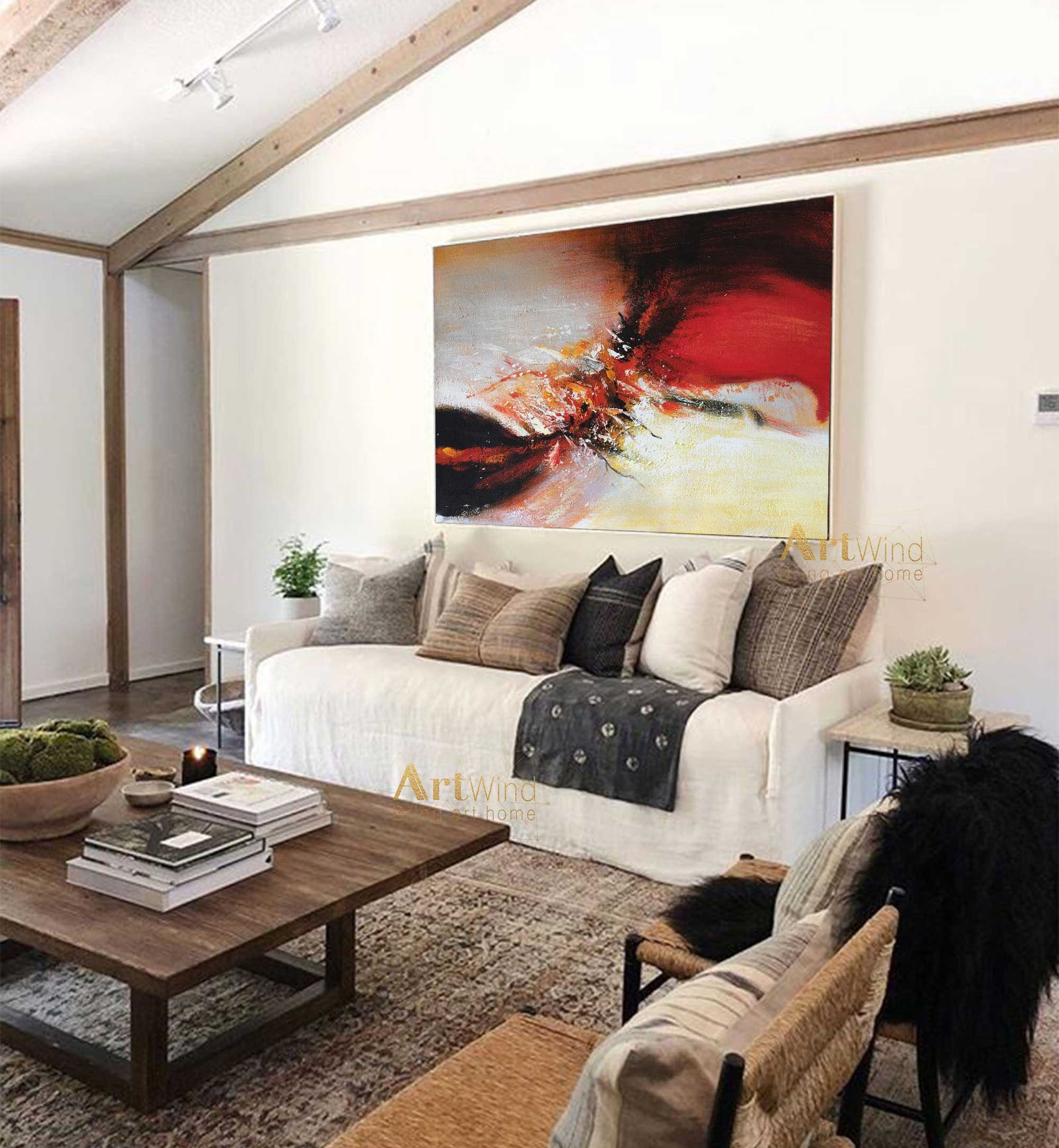 Red Abstract Canvas Art Yellow Minimalist Painting Modern | Etsy